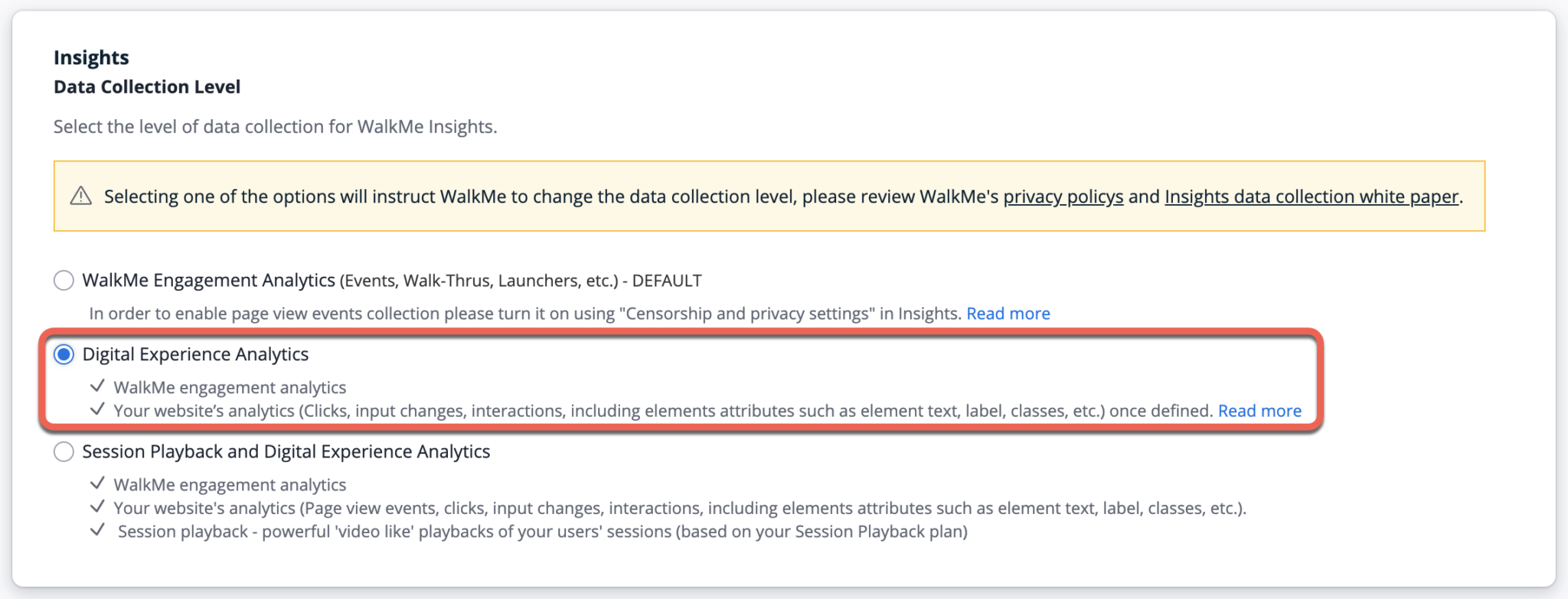Insights Digital Experience Analytics (DXA) Level - WalkMe Help Center
