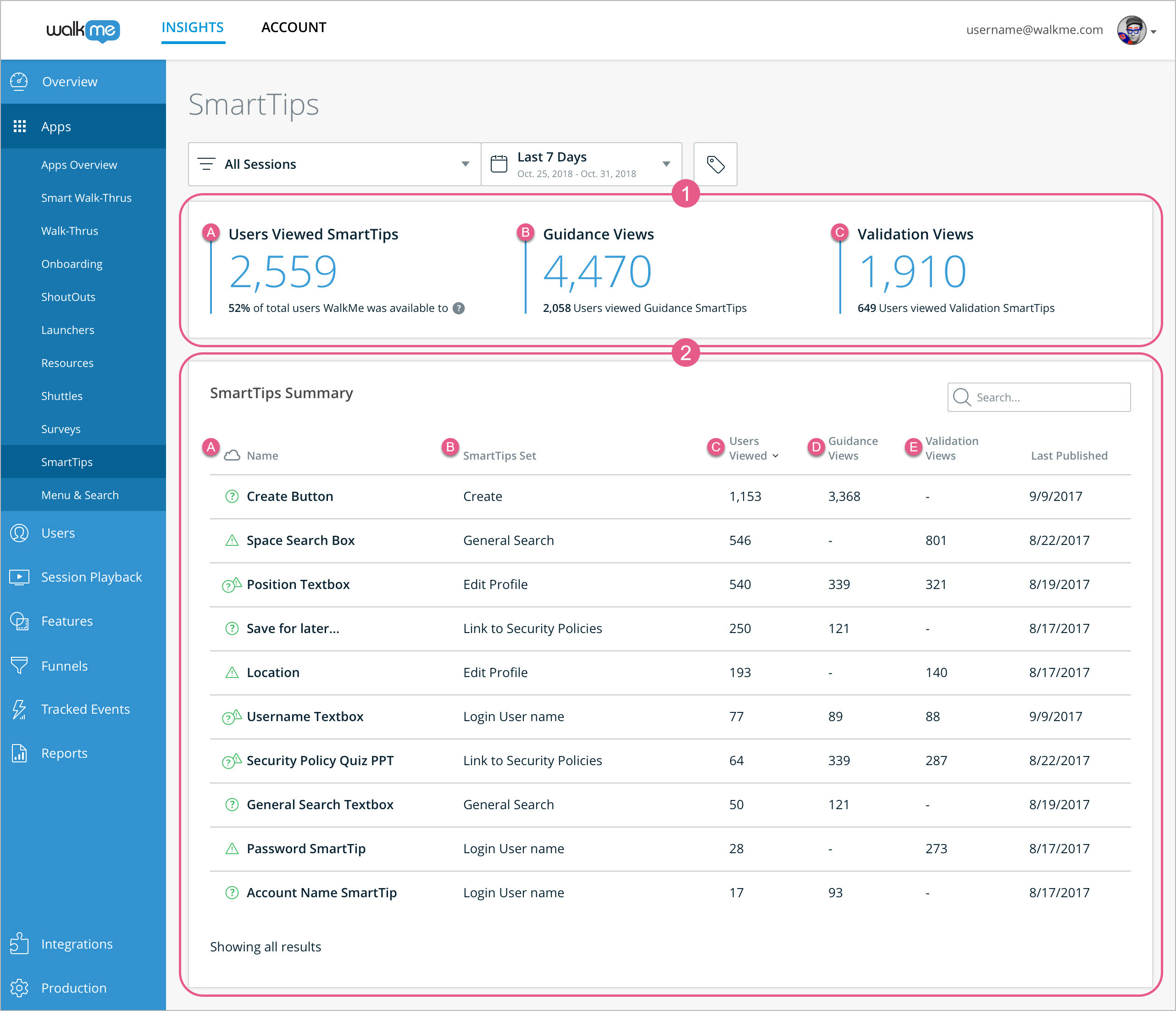 Understanding the Insights Apps Pages - WalkMe Support
